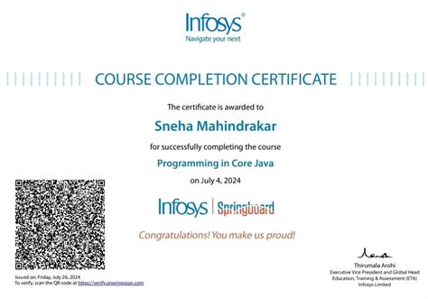 Successfully Completed The Infosys Course Of Programming Using Java Sneha Mahindrakar