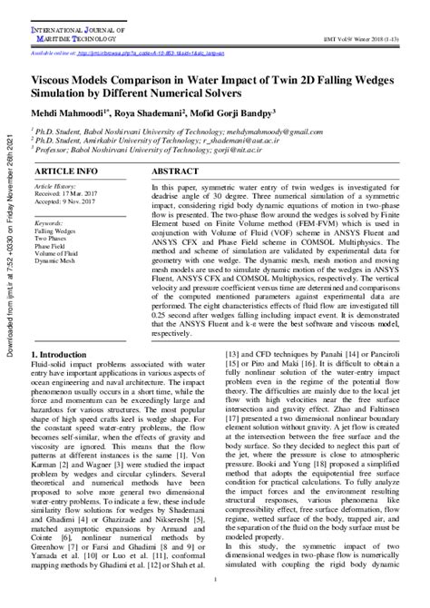 Pdf Viscous Models Comparison In Water Impact Of Twin 2d Falling Wedges Simulation By