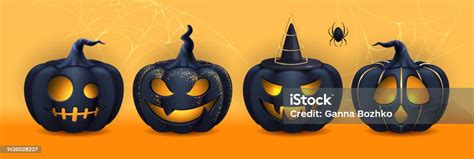 3d 현실적인 무섭고 재미있는 할로윈 호박 얼굴 세트 할로윈 배경 벡터 일러스트 레이 션 10월에 대한 스톡 벡터 아트 및 기타 이미지 Istock