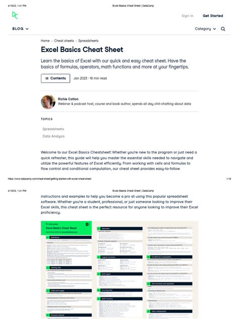 Excel Basics Cheat Sheet Datacamp Pdf