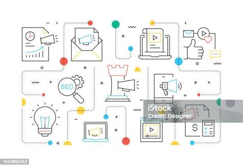 마케팅 관련 라인 스타일 배너 디자인 웹 페이지 헤드 라인 브로셔 연례 보고서 및 책 표지 디지털 마케팅에 대한 스톡 벡터 아트 및 기타 이미지 Istock