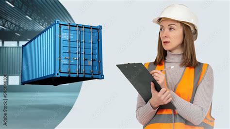 Sea Freight Container Woman Works As Logistician Blue Metal Shipping Container Concept Girl