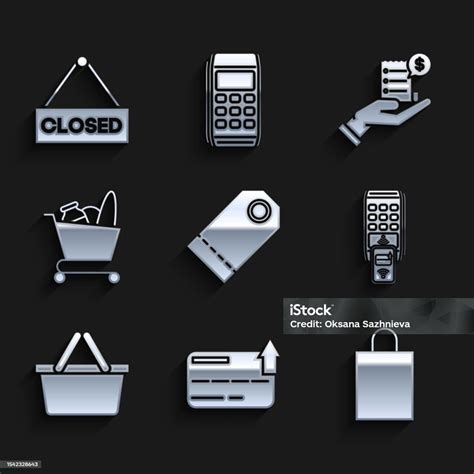 빈 라벨 템플릿 가격표 장바구니 카트 음식 빈 영수증 또는 청구서를 들고 있는 사람의 손 매달린 기호 텍스트 닫힌 아이콘을 설정합니다 벡터 검은색에 대한 스톡 벡터 아트 및