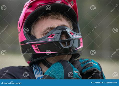 Handsome Rider Biker Guy Wearing Helmet Outdoor Portrait Stock Image