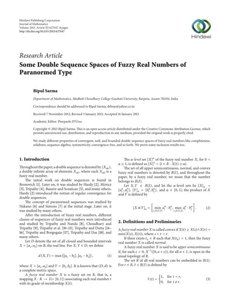 Pdf Some Double Sequence Spaces Of Fuzzy Real Numbers Of Paranormed Type