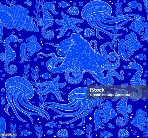 아름다운 수중 생활과 해양 장식으로 이음새가 없는 패턴 장식 바다 배경입니다 벽지와 직물을 위한 화려한 현대 대중적인 인쇄 벡터 만화 이미지입니다 껍데기에 대한 스톡 벡터