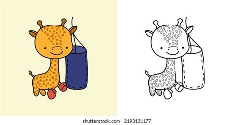 クリップアートキリン選手ぬりえページとカラーイラストを設定しますClip Art Kawaii動物スポーツマンページを塗るための