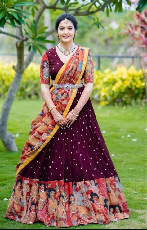 Kalamkari Lehenga Half Saree Designs Long Gown Design Lehenga Designs