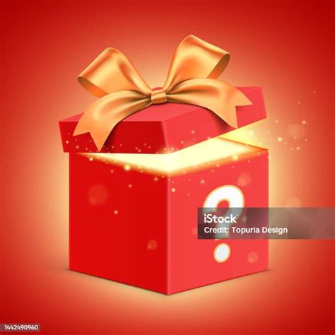 물음표 황금 리본 반짝이는 빛이 내부에서 빛나는 빨간색 선물 상자 비밀 깜짝 선물 벡터 배너 선물에 대한 스톡 벡터 아트 및 기타 이미지 Istock