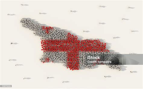 흰색 바탕에 소셜 미디어와 사회 개념에 조지아 국가 지도 및 국기를 형성 하는 사람들의 큰 그룹 위에서 군중 그림의 3d 기호 함께 모여 3차원 형태에 대한 스톡 사진 및