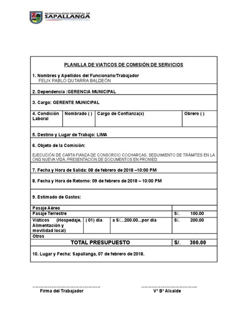Planilla De Viáticos Para Funcionarios Pdf Gobierno Agitación