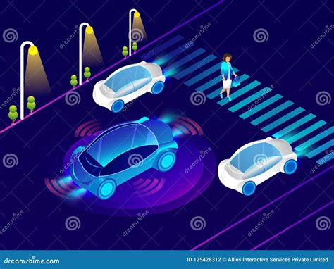 Automotive Car With Sensor Technology On Urban Landscape For Autonomous
