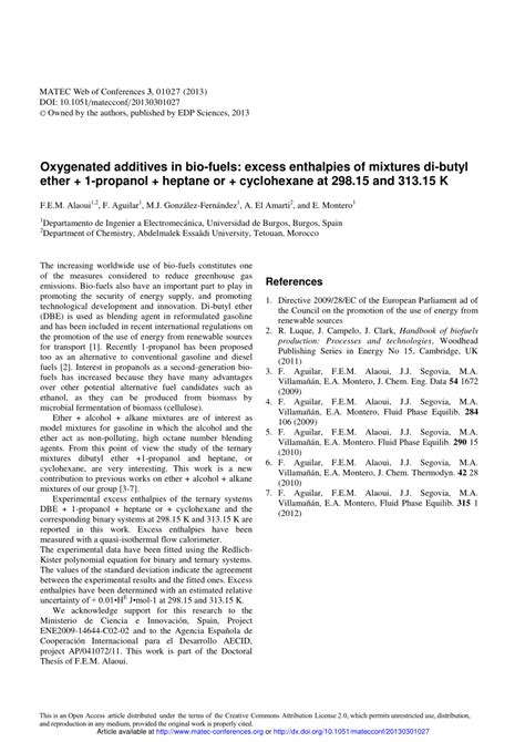 Pdf Oxygenated Additives In Bio Fuels Excess Enthalpies Of Mixtures Di Butyl Ether 1