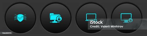 Set Cyber Security Ftp Folder And Lock Laptop And Lock On Monitor Icon Vector Stock Illustration