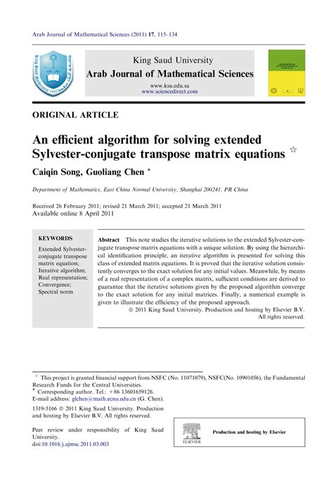 Pdf An Efficient Algorithm For Solving Extended Sylvester Conjugate Transpose Matrix Equations