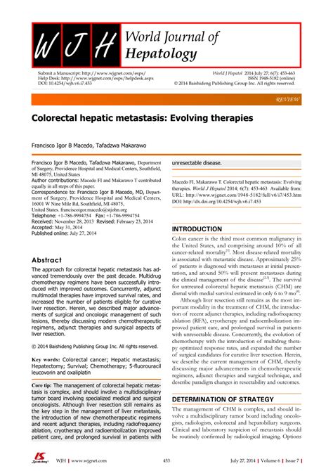 Pdf Colorectal Hepatic Metastasis Evolving Therapies