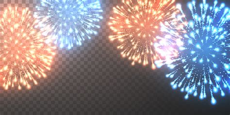 어두운 투명 배경에 빨간색 파란색 및 금색으로 다채로운 불꽃 놀이가 폭발하여 파티 축하 축제 휴일 및 새해 디자인에 적합합니다 벡터 일러스트 레이 션 금색에 대한 스톡 벡터