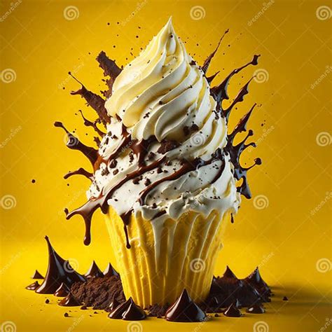 Delicious Splash Ice Cream Cone Design With Exploding And Liquify Chocolate Pieces Isolated