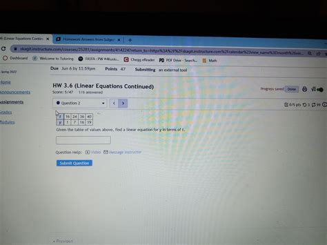 Given The Table Of Values Above Find A Linear Equation For Y In Terms Of T