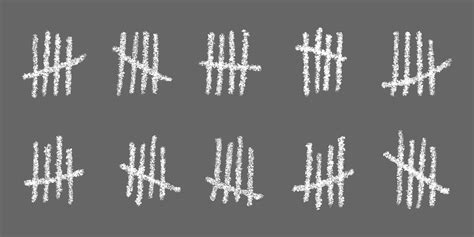 White Tally Marks On Gray Background Chalk Drawn Sticks Sorted By Four And Crossed Out By Slash