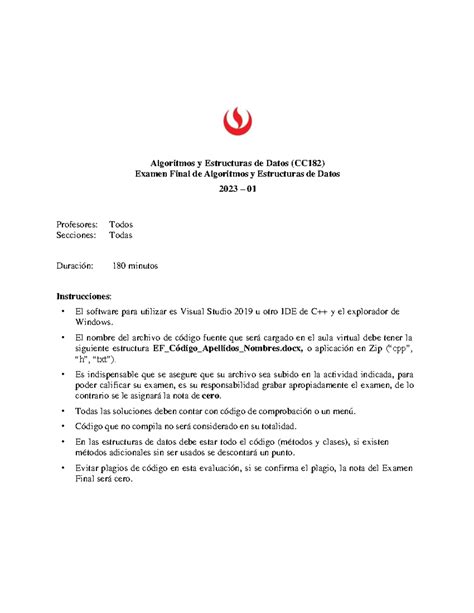 Modelo Cc182 Examen Final De Algoritmos Y Estructuras De Datos 2023 1 Caso E Profesores