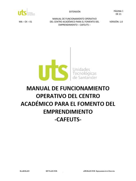 Ma Ex 01 Manual De Funcionamiento Operativo Cafe Uts V1 Pdf Iniciativa Empresarial Plan De