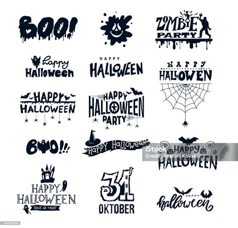 행복한 할로윈 레터링 디자인 요소 실루엣 블랙 아이콘과 캐릭터 할로윈 레터링의 큰 세트 손으로 그린 벡터 장식 스케치 아이콘 스티커를위한 소름 끼치고 짜증나는 요소 거미에
