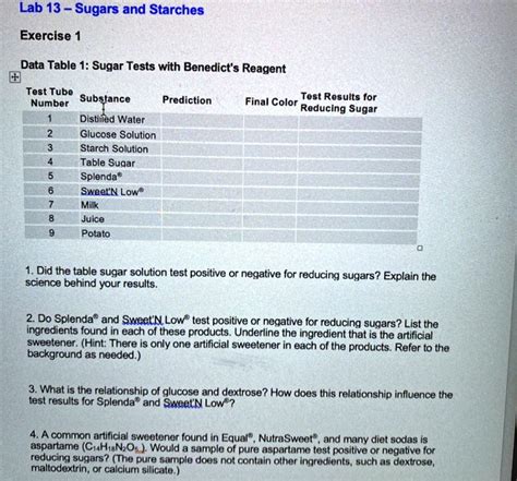 Lab 13 Sugars And Starches Exercise Data Table 1 Sugar Tests With Benedicts Reagent Test