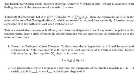 The Famous Gershgorin Circle Theorem Semyon Aranovich Gershgorin 1901 1933 Is Concerned With
