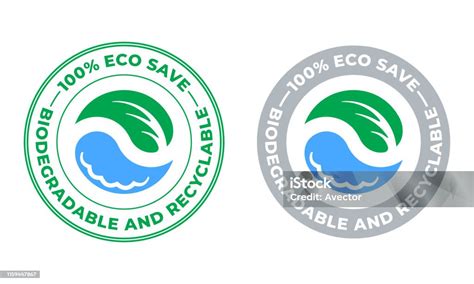 생분해성 및 재활용 가능한 벡터 아이콘입니다 에코 세이브 바이오 재활용 및 분해성 패키지 녹색 잎 및 워터 드롭 스탬프 로고