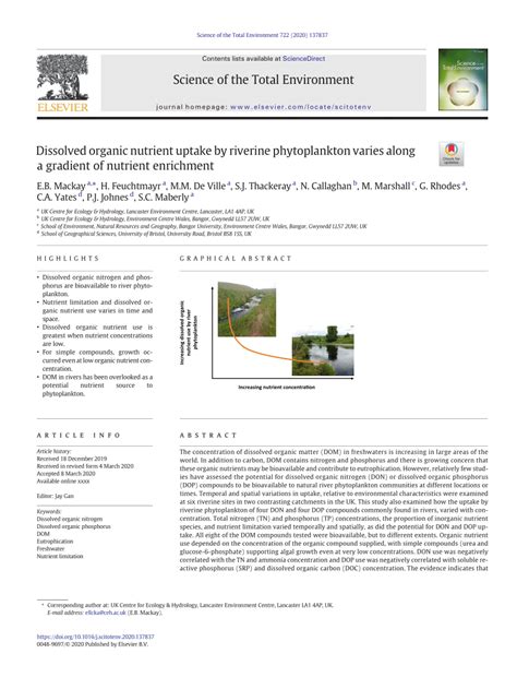Pdf Dissolved Organic Nutrient Uptake By Riverine Phytoplankton Varies Along A Gradient Of