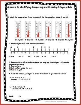 Identifying Comparing And Ordering Integers Quiz TPT