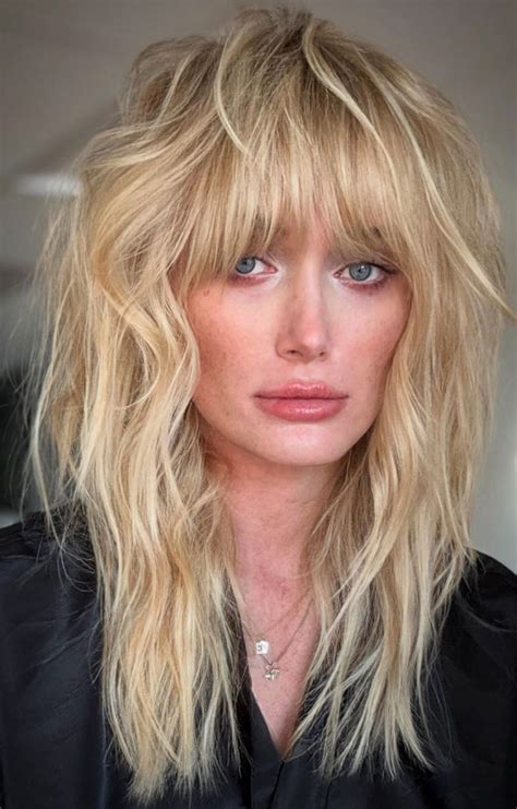 25 Low Maintenance Mid Length Haircuts Blonde Shag With Full Fringe
