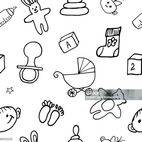 아기 아이템 신생아를위한 개체 아기 장난감 옷 유모차 벡터 완벽 한 패턴 그래픽 낙서 손으로 그린 일러스트 레이 션 섬유 디자인 식기 및 인쇄 기반 2 3 살에 대한 스톡