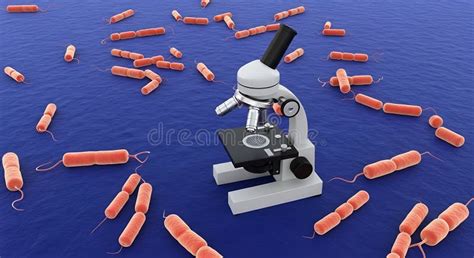 Microscope Examining Bacteria Cells On Blue Surface Stock Illustration