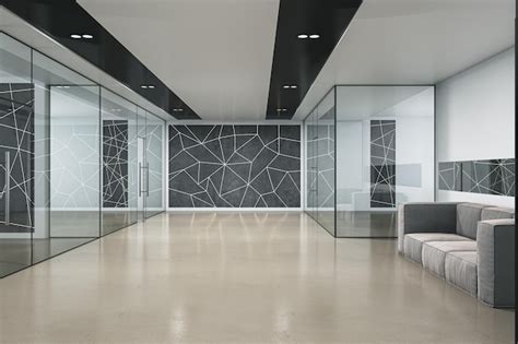 유리문 가구와 콘크리트 바닥이 있는 현대적인 사무실 복도 내부 건축 및 디자인 개념 3d 렌더링 프리미엄 사진