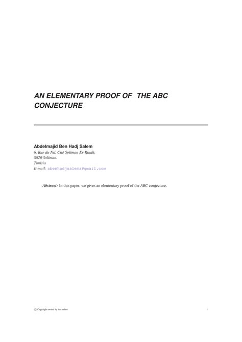 Pdf An Elementary Proof Of The Abc Conjecture