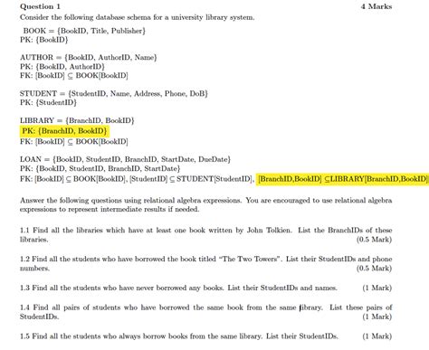 solved 4 marks question 1 consider the following database
