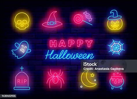 아이콘 컬렉션과 함께 해피 할로윈 네온 프로모션 호박 유령과 거미 벡터 스톡 일러스트레이션 10월에 대한 스톡 벡터 아트 및 기타 이미지 Istock