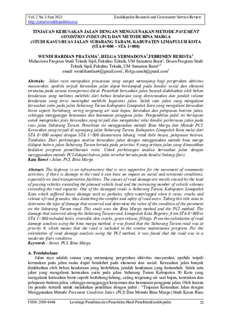 Pdf Tinjauan Kerusakan Jalan Dengan Menggunakan Metode Pavement Condition Index Pci Dan