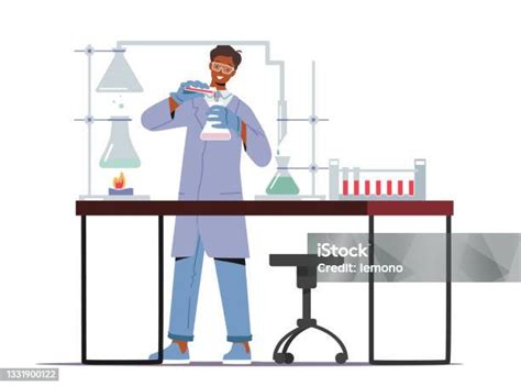 과학 실험실에서 화학 실험을 수행하는 비커를 들고 실험실 코트를 입고 남자 과학자 화학 과학 연구 교수에 대한 스톡 벡터 아트 및 기타 이미지 Istock