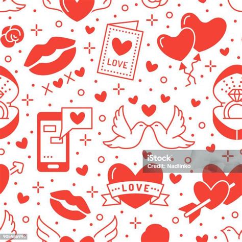 발렌타인 데이 완벽 한 패턴입니다 사랑 로맨스 플랫 라인 아이콘마음 약혼 반지 키스 풍선 비둘기 발렌타인 카드 레드 화이트 벽지 2 월 14 일에 대 한 축 하 2월에 대한
