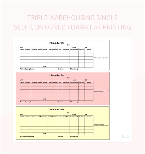 Triple Warehousing Single Self Contained Format A4 Printing Excel