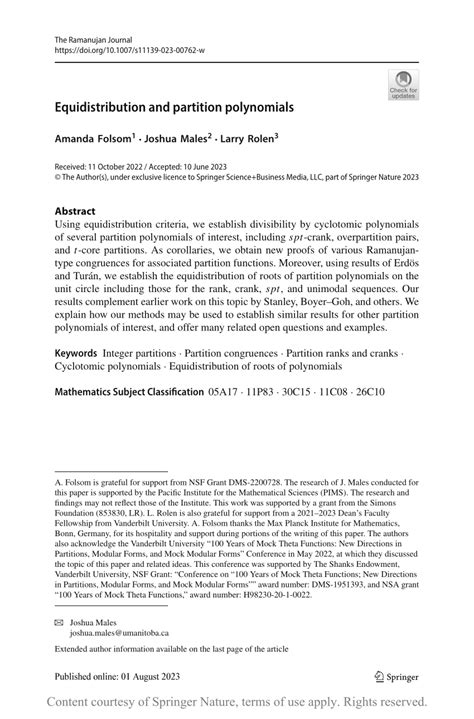 Equidistribution And Partition Polynomials