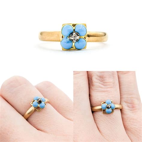 Antique Forget Me Not Enamel And Diamond Ring In Yellow Gold For Sale