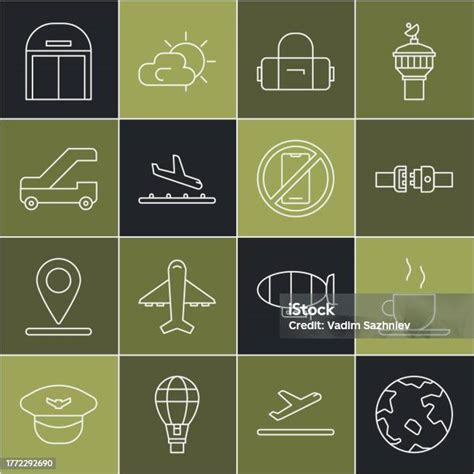 전 세계 커피 컵 안전 벨트 여행 가방 비행기 착륙 비행기 탑승을위한 승객 사다리 항공기 격납고 및 휴대 전화 아이콘 없음 벡터