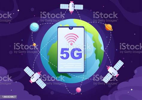 평평한 배경 일러스트에서 무선 기술 글로벌 5g 인터넷 네트워크 위성 통신과 행성 지구를 궤도 인공 위성 5g에 대한 스톡 벡터