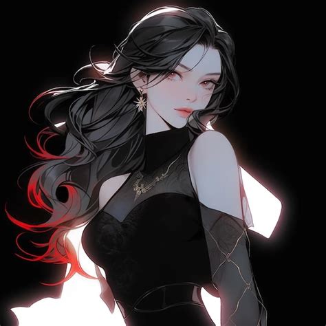 Anime Girl With Long Black Hair And Red Eyes In A Black Dress