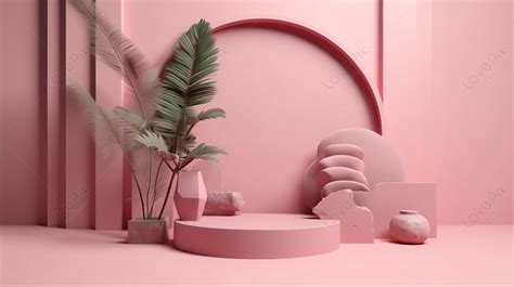 粉紅色幾何背景中的產品展示 帶有講台和植物 令人驚嘆的 3d 渲染場景 場景 背景 3d展示 背景 渲染 背景圖片素材，場景 3d展示 渲染高清背景桌布圖案免費下載 Lovepik