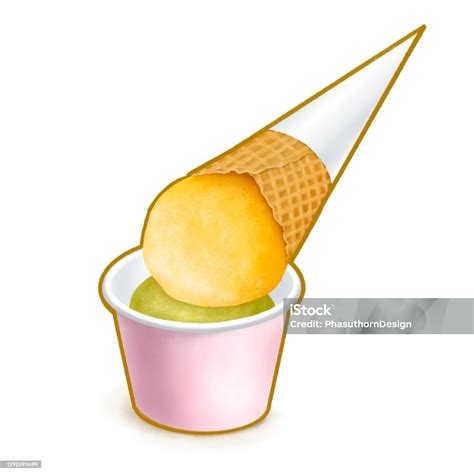 망고 아이스크림 웨이퍼 콘 토핑을 곁들인 종이 컵에 맛있는 녹차 아이스크림 스쿱 0명에 대한 스톡 벡터 아트 및 기타 이미지 0명 과일 냉동 요구르트 Istock